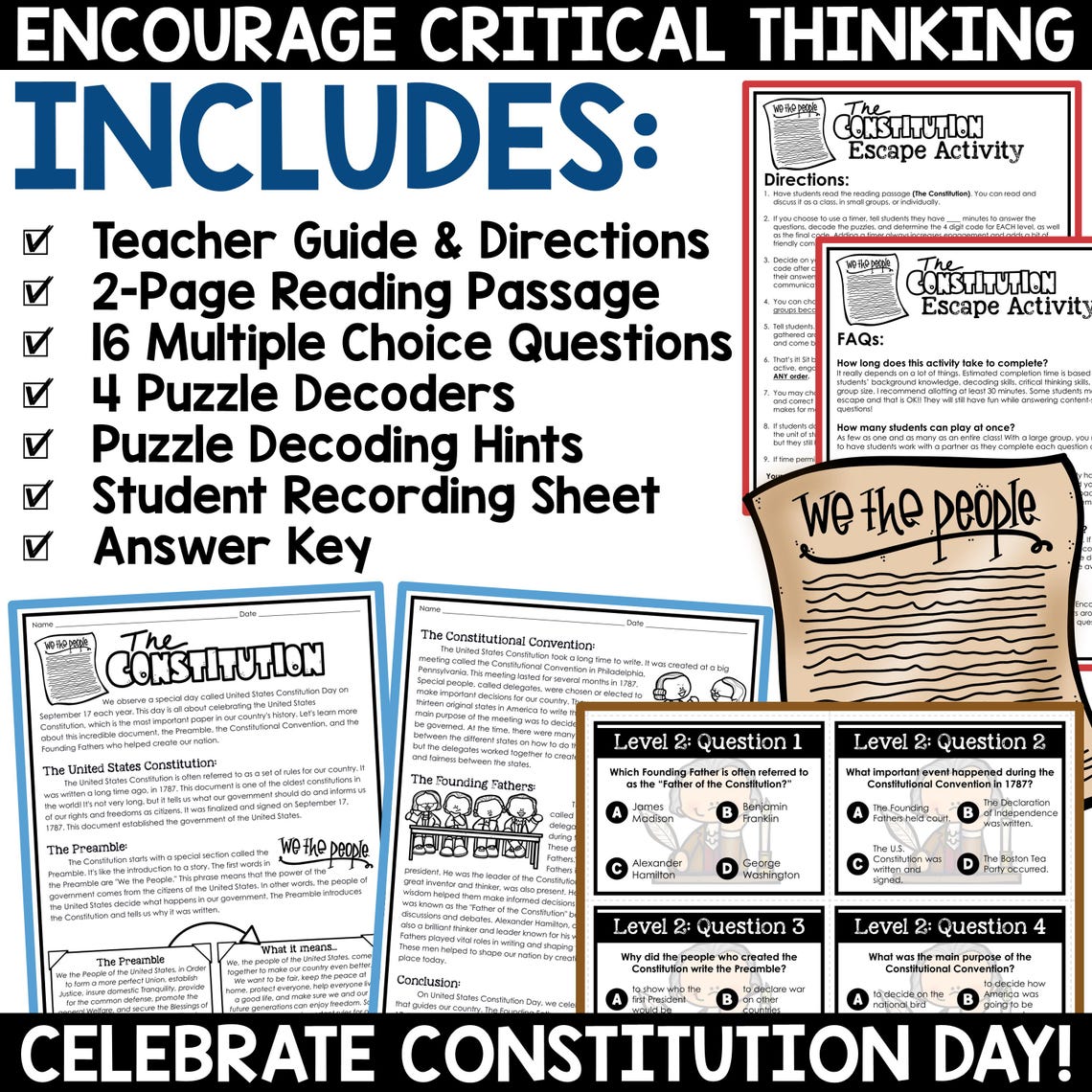 Constitution Day for Kids Escape Room Social Studies Activity, US ...