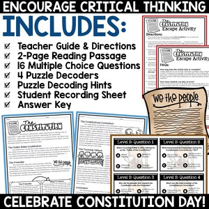 Constitution Day for Kids Escape Room Social Studies Activity, US ...