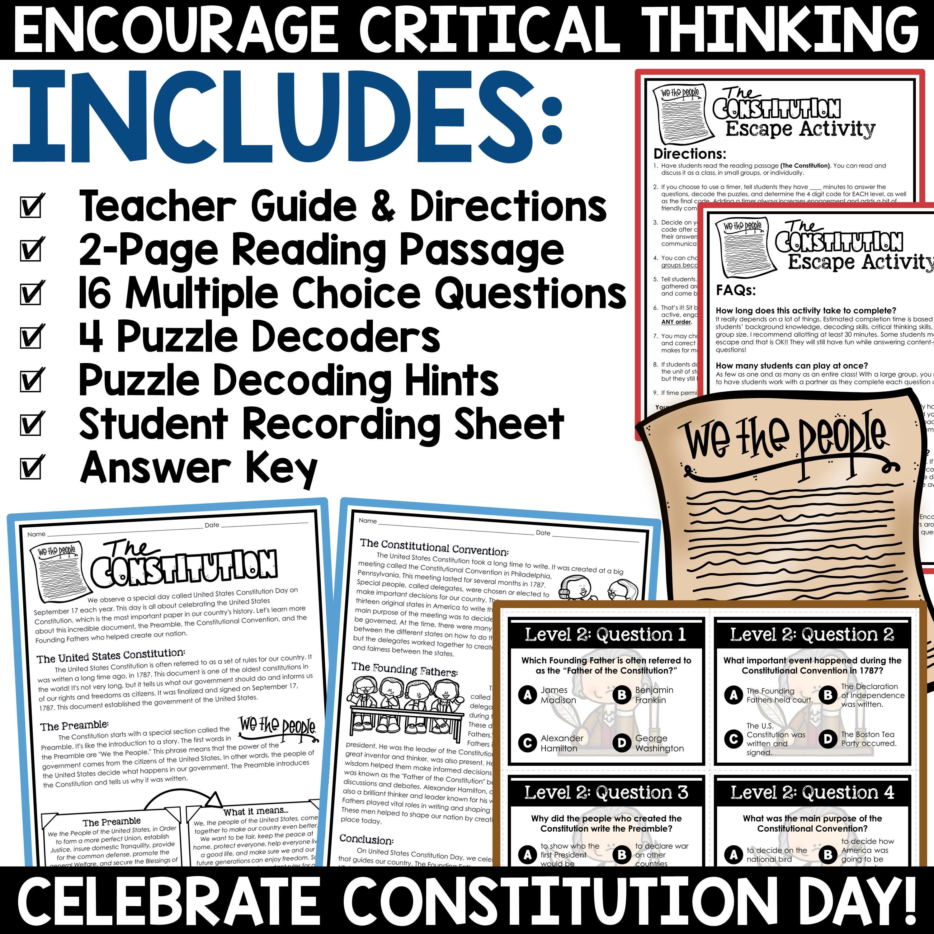Constitution Day for Kids Escape Room Social Studies Activity, US ...