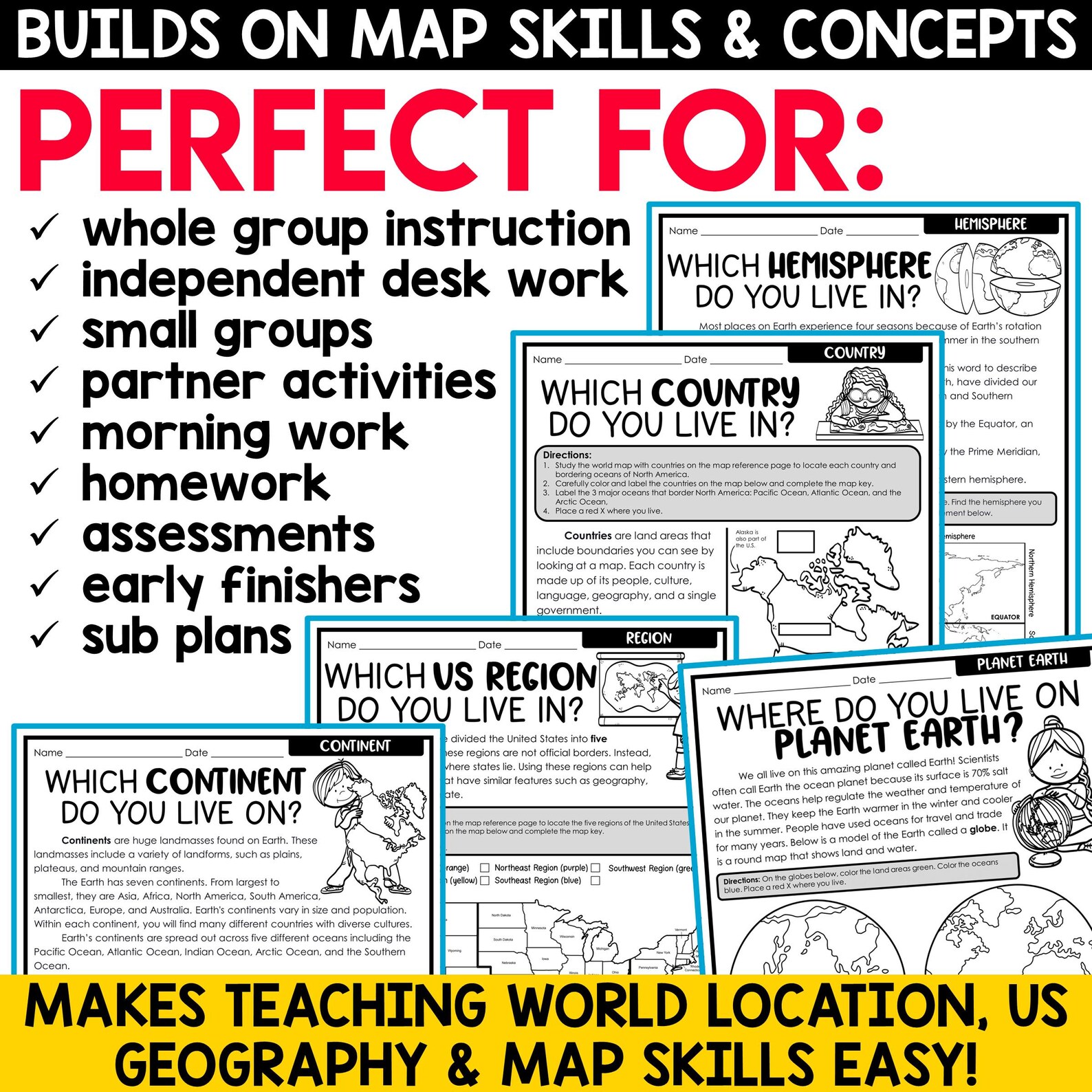 Map Skills US Geography Worksheet | Maps and Globes | Continents and ...