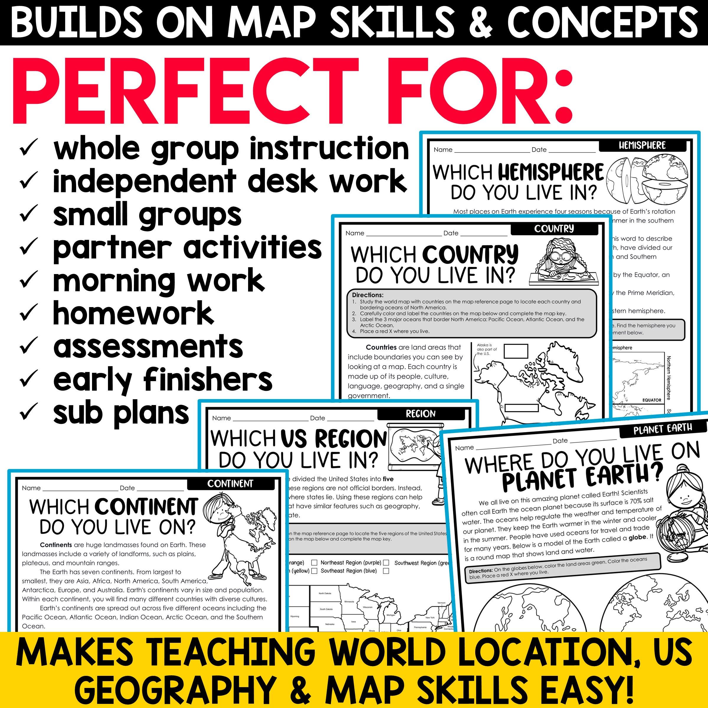 Map Skills US Geography Worksheet | Maps and Globes | Continents and ...