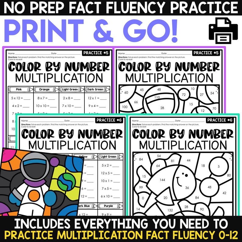 Multiplication Color by Number Worksheets | Fact Fluency Practice 3rd ...