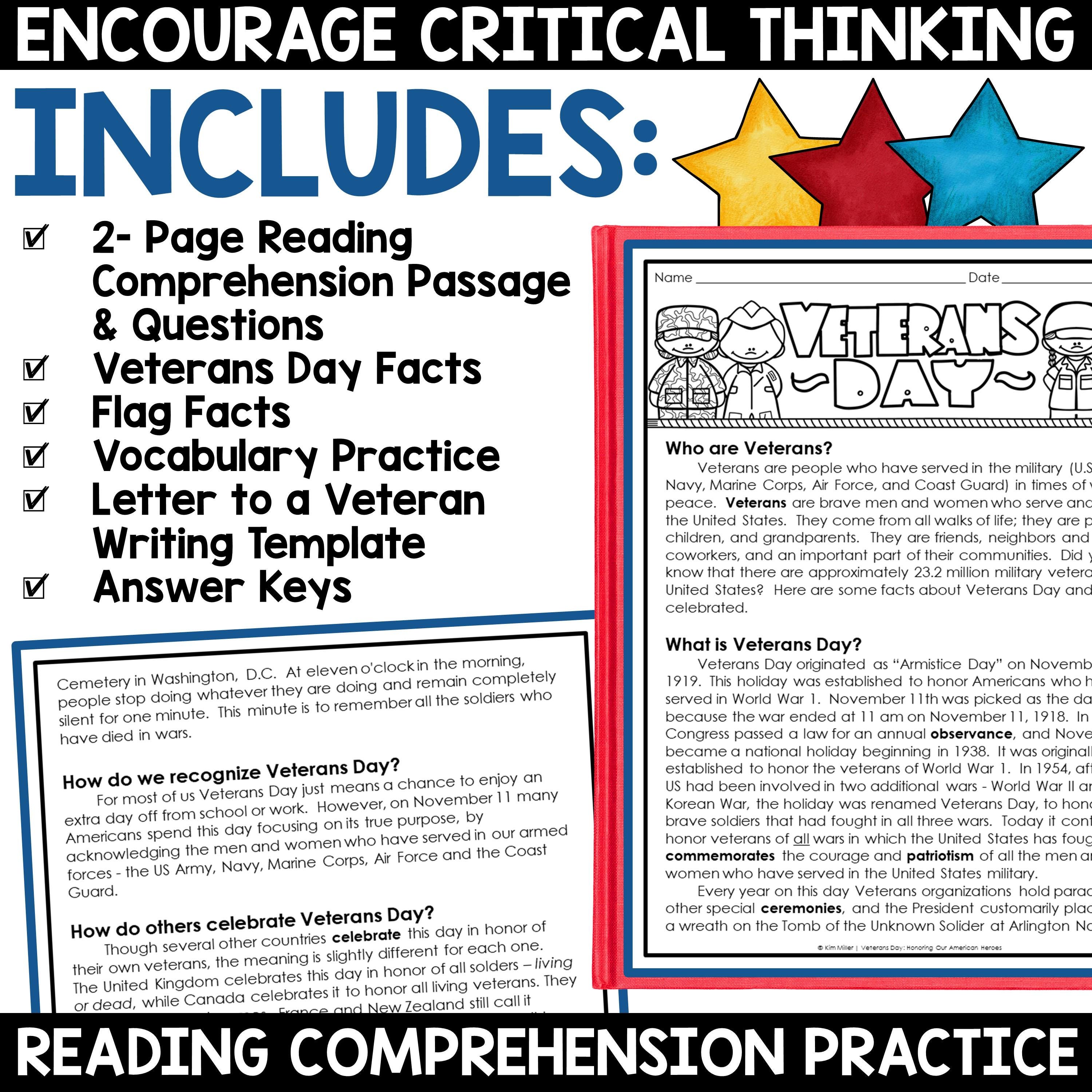 Veterans Day Reading Comprehension and Writing Prompts for Grades 3-5 ...