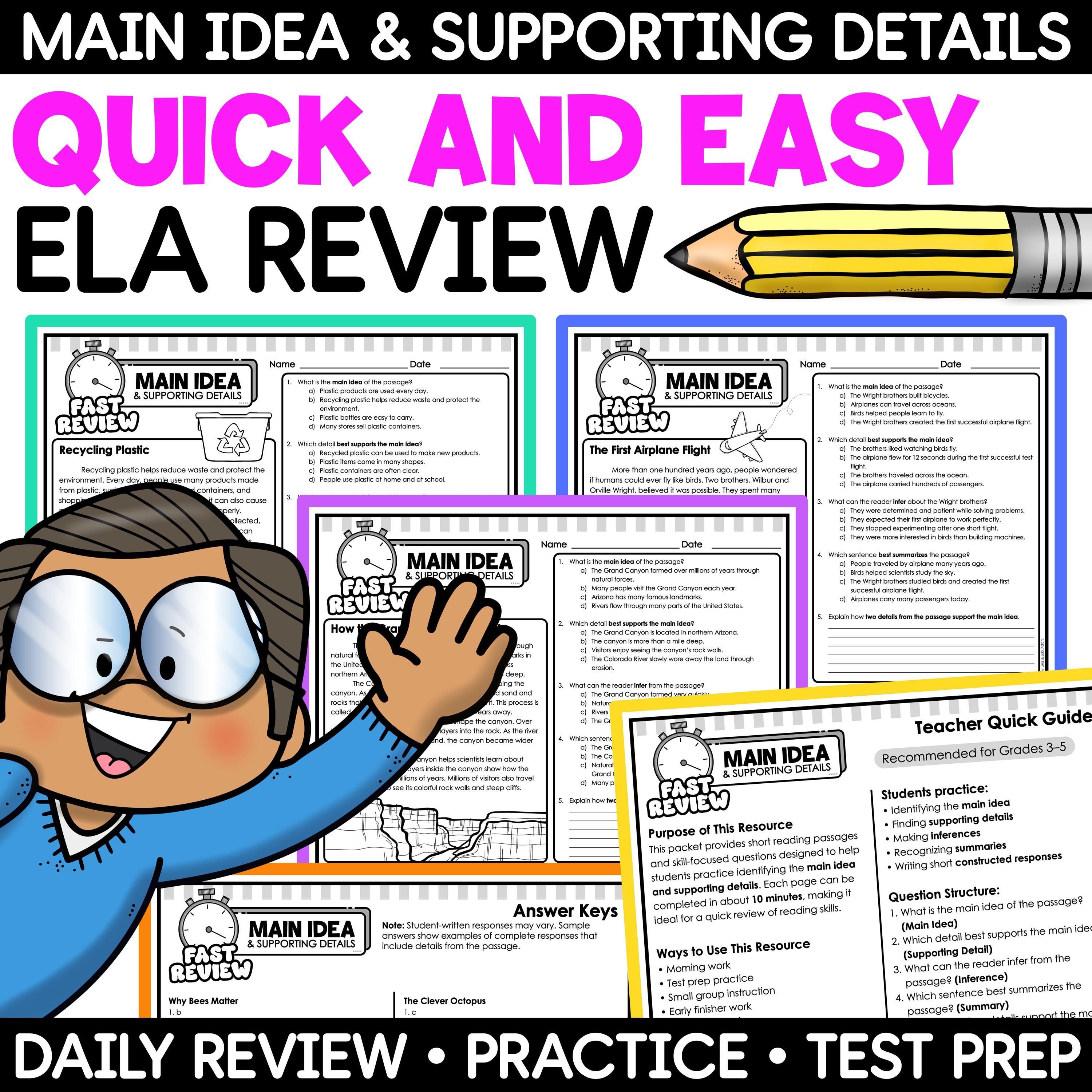 Main Idea and Supporting Details Worksheets and ELA Test Prep for 3rd ...