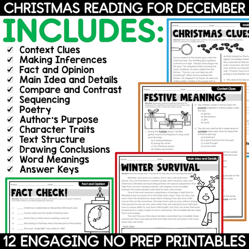 Christmas Reading Activities Worksheets Printables, No Prep Activities ...