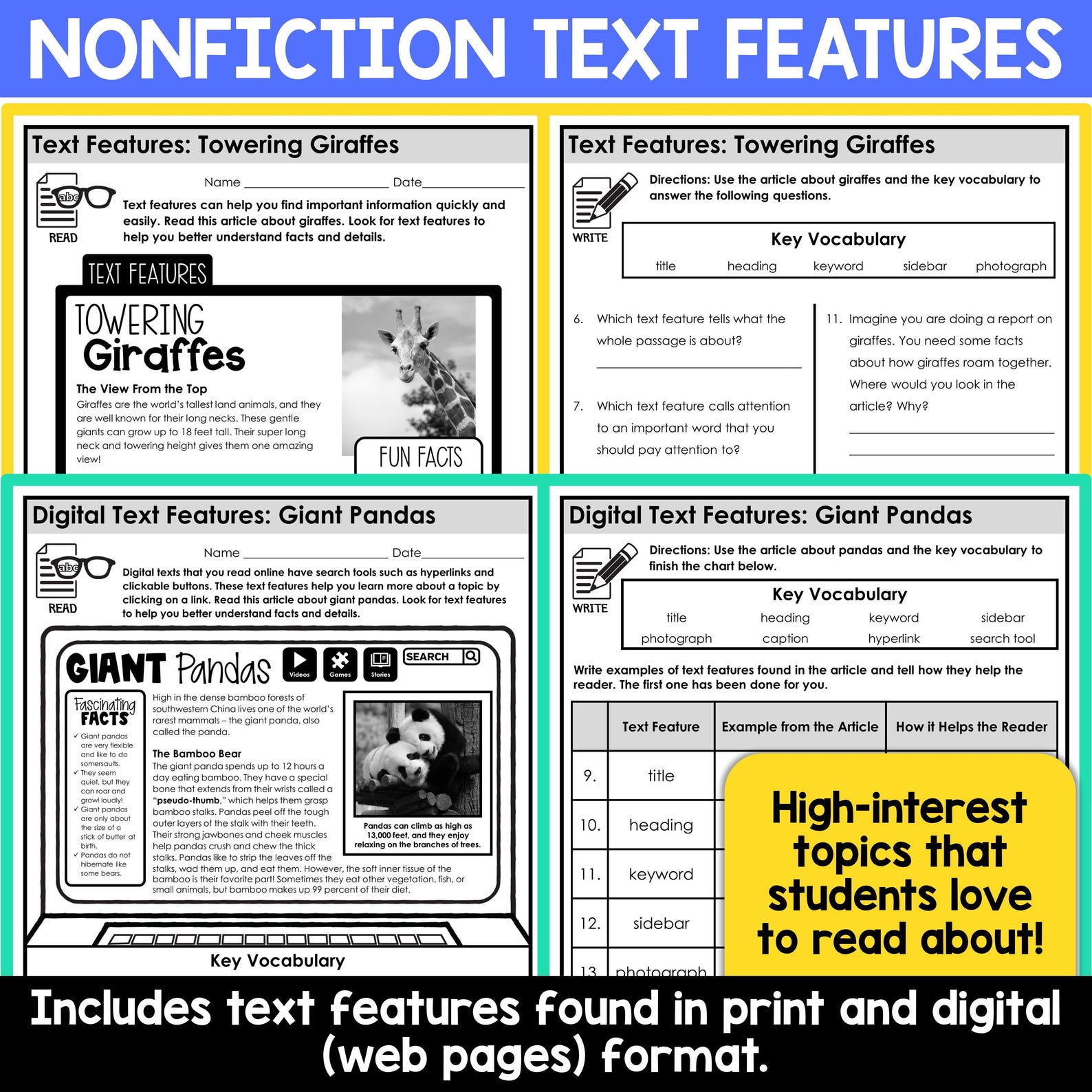 Nonfiction Text Features Worksheets, Informational Text, Reading ...