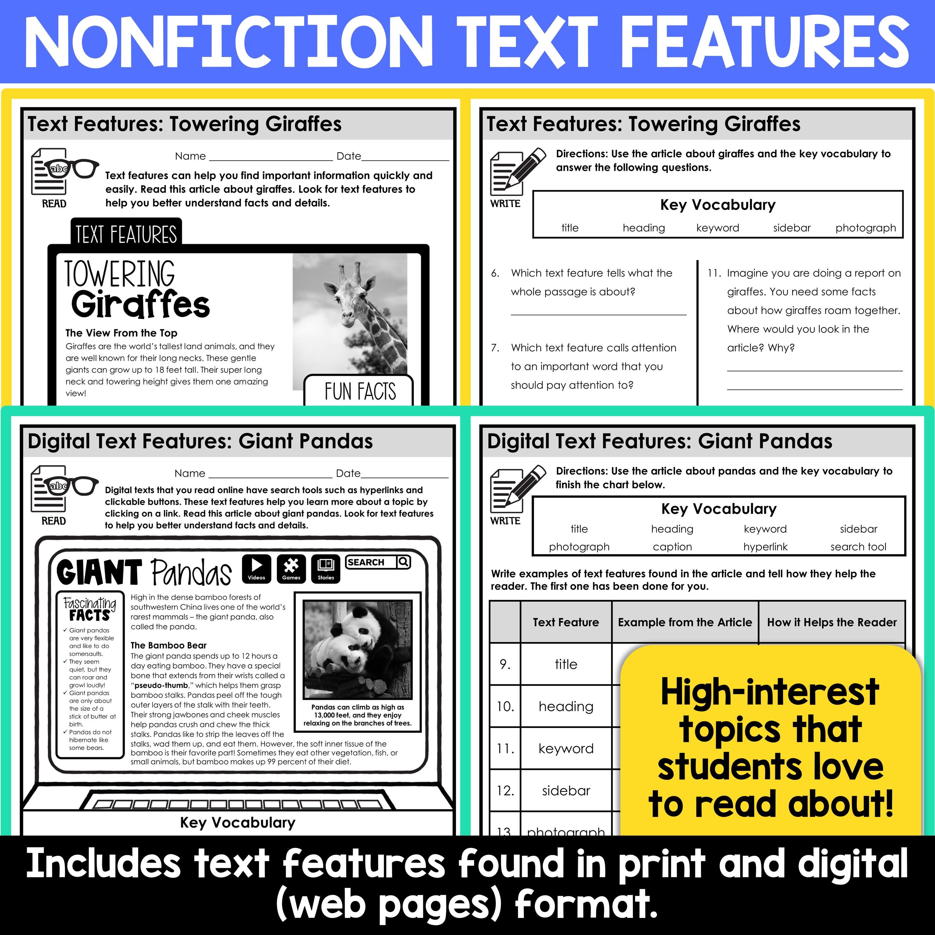 Nonfiction Text Features Worksheets, Informational Text, Reading ...