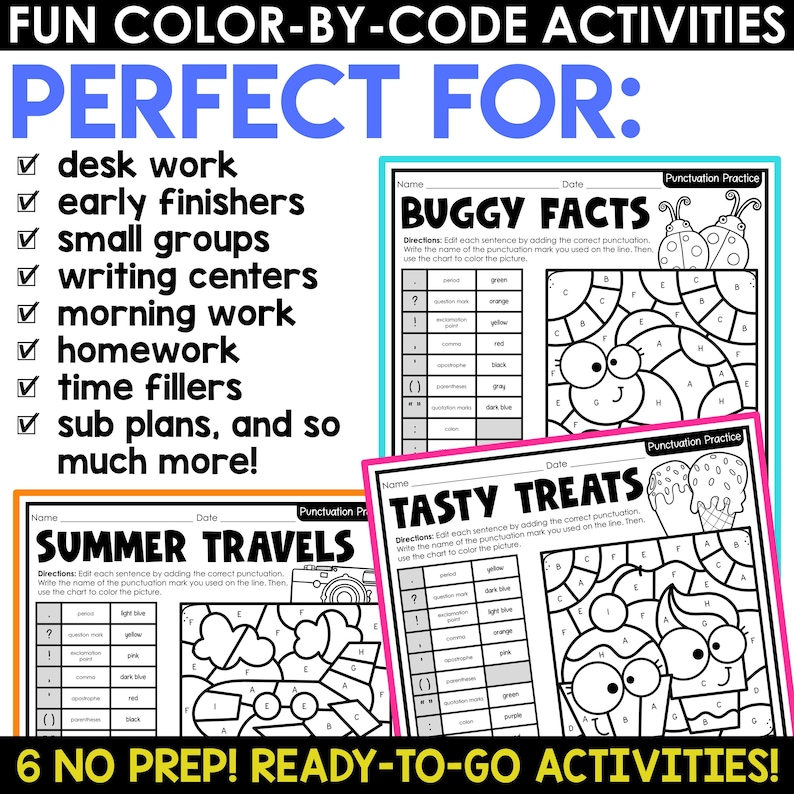 Punctuation Worksheets Color by Code | Sentence Editing Grammar ...