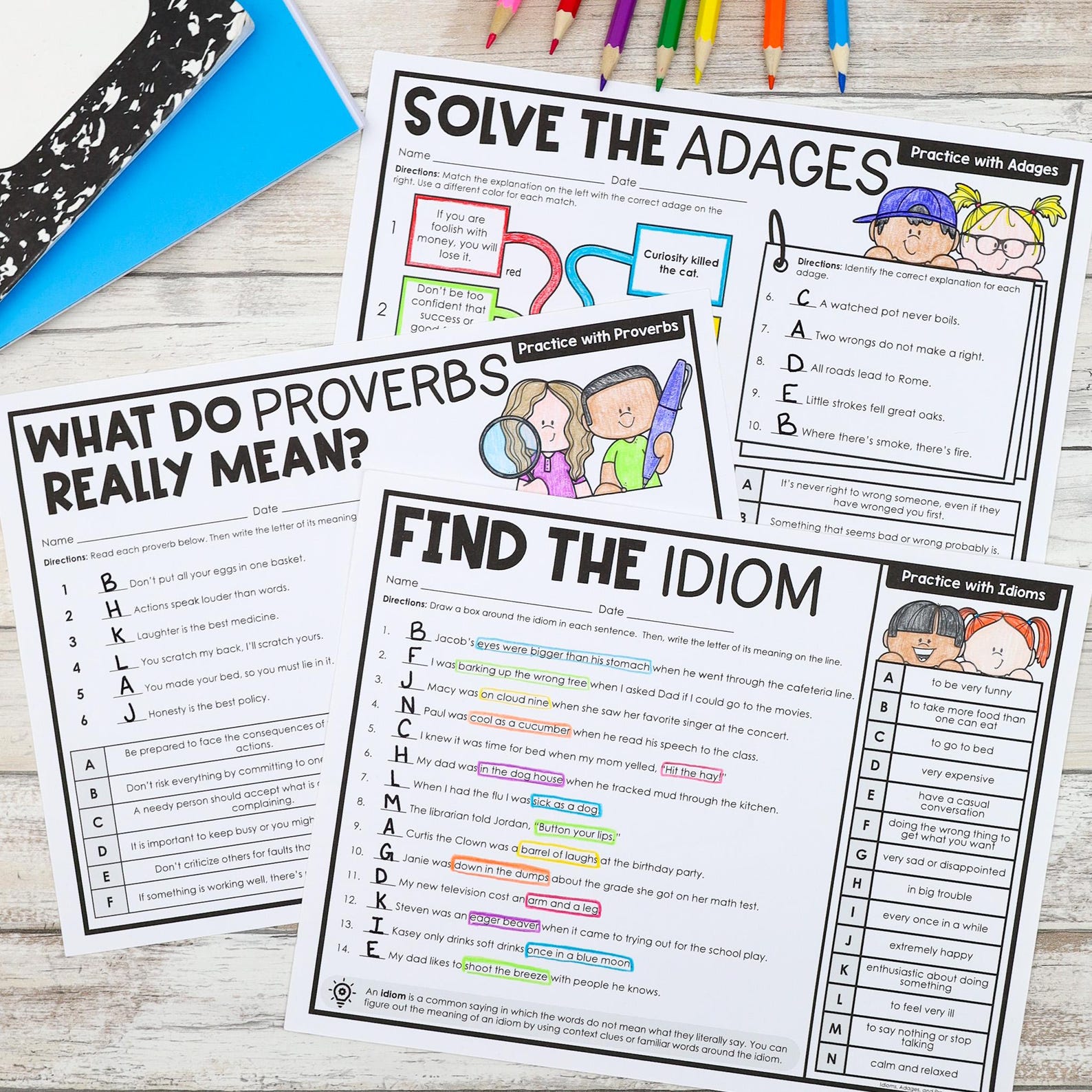 Figurative Language Worksheets & Posters Idioms Adages Proverbs Anchor ...