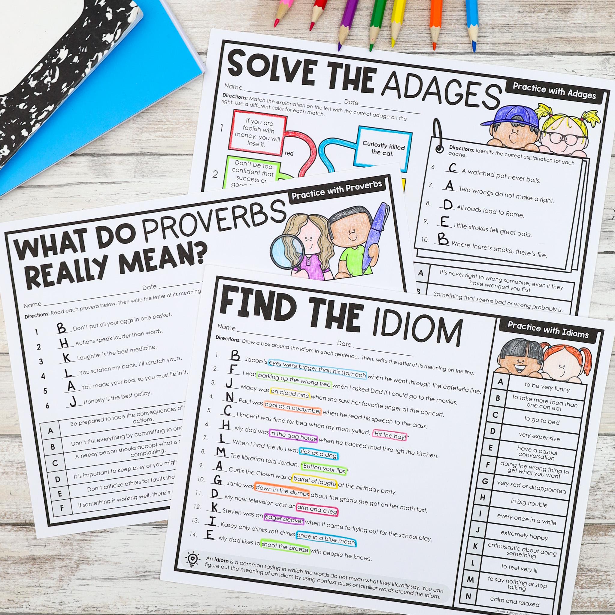 Figurative Language Worksheets & Posters Idioms Adages Proverbs Anchor ...