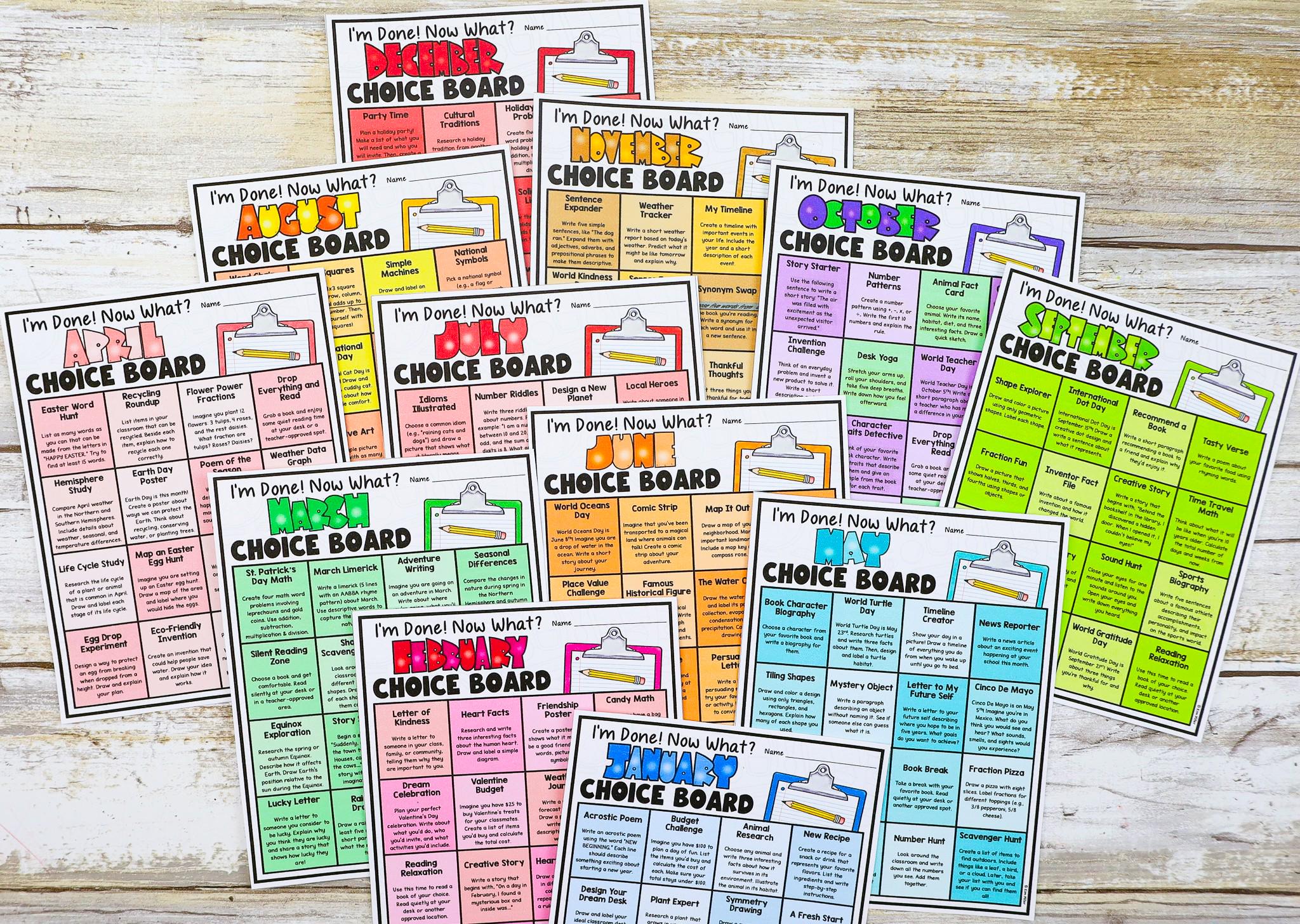 Early Fast Finishers Activities List + Choice Boards | Monthly I'm Done ...