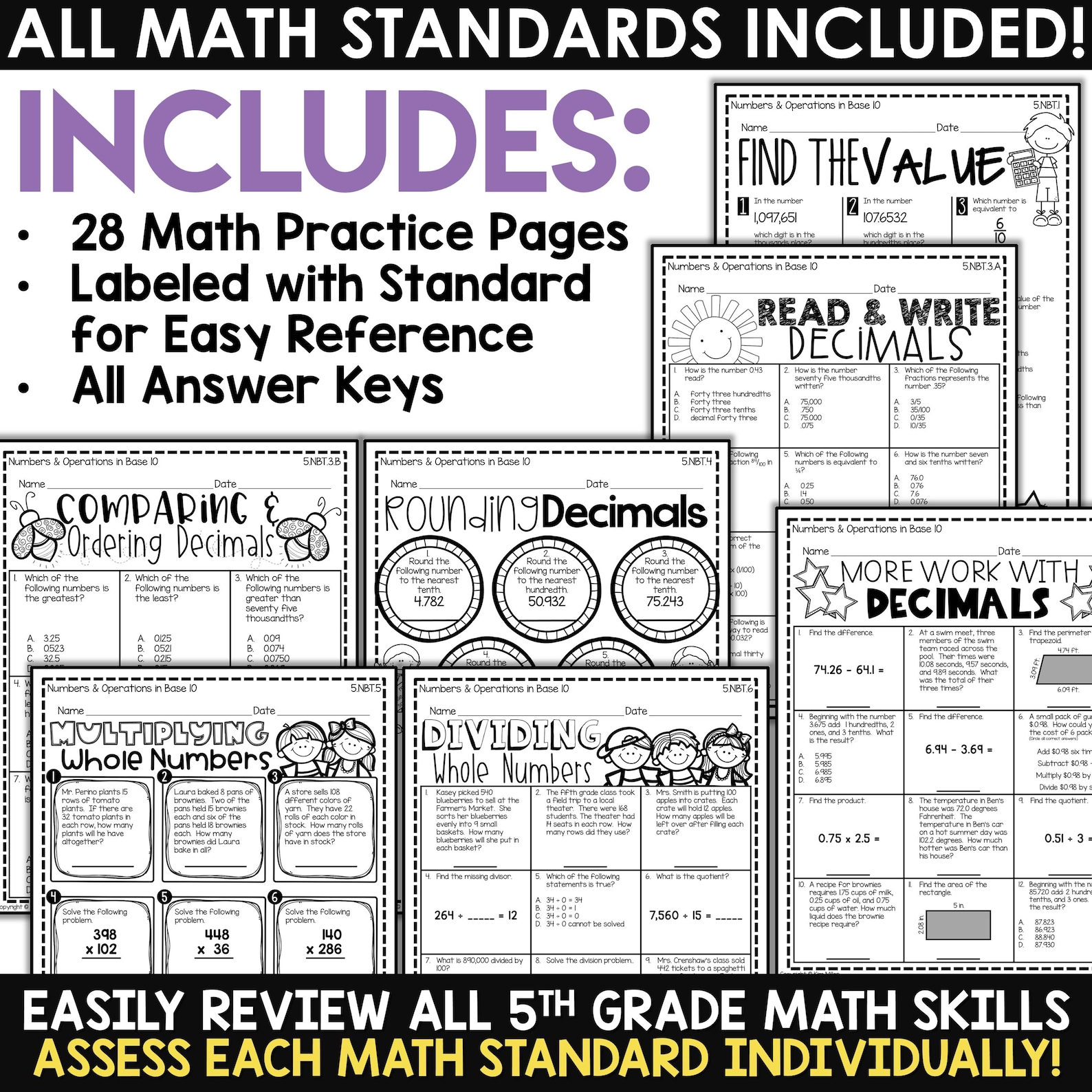 5th Grade Math Review Summer Math Worksheet, 5th Grade Math Printable ...