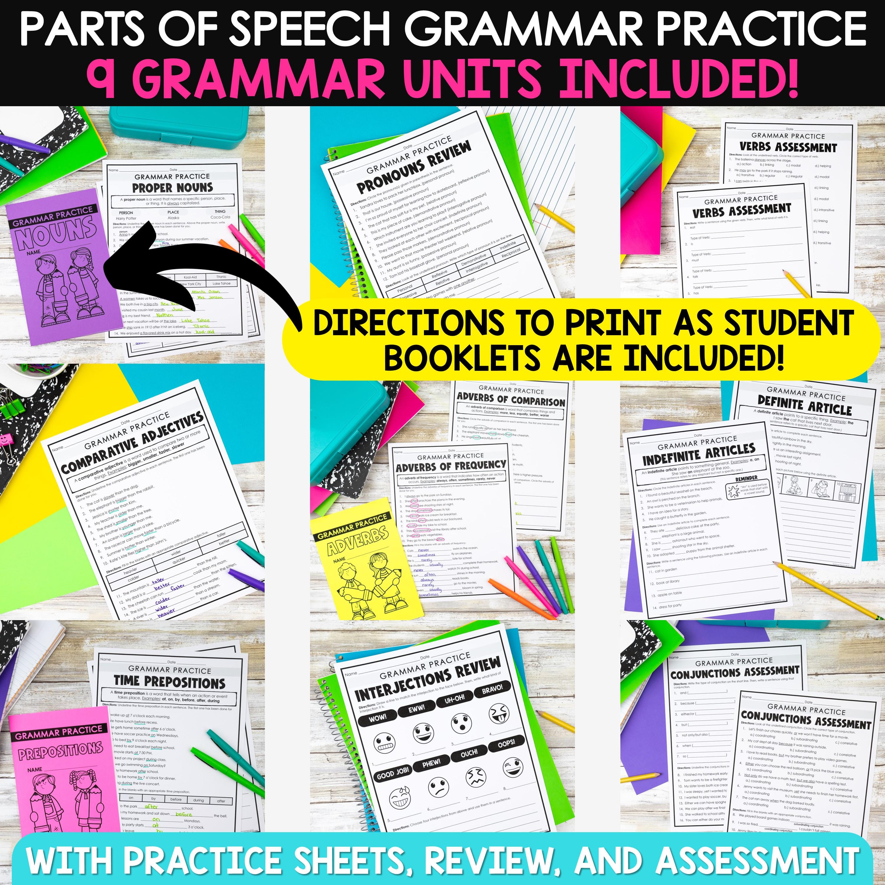 Parts of Speech Posters for Classroom Elementary, Grammar Worksheets ...