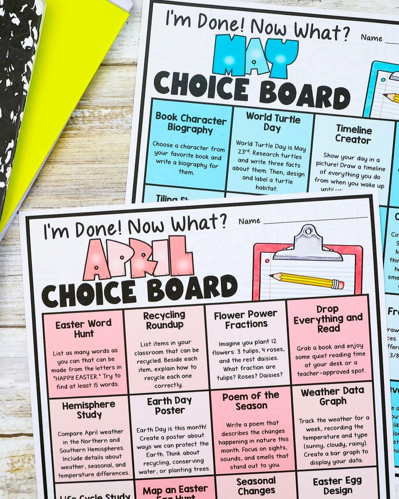 Early Fast Finishers Activities List + Choice Boards | Monthly I'm Done ...