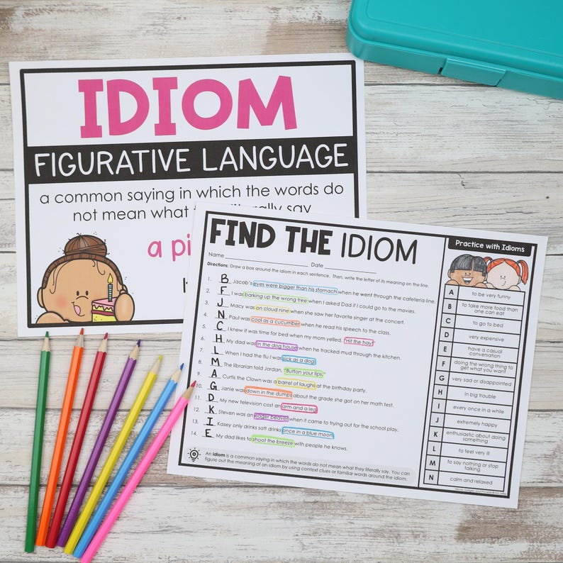 Figurative Language Worksheets & Posters Idioms Adages Proverbs Anchor ...