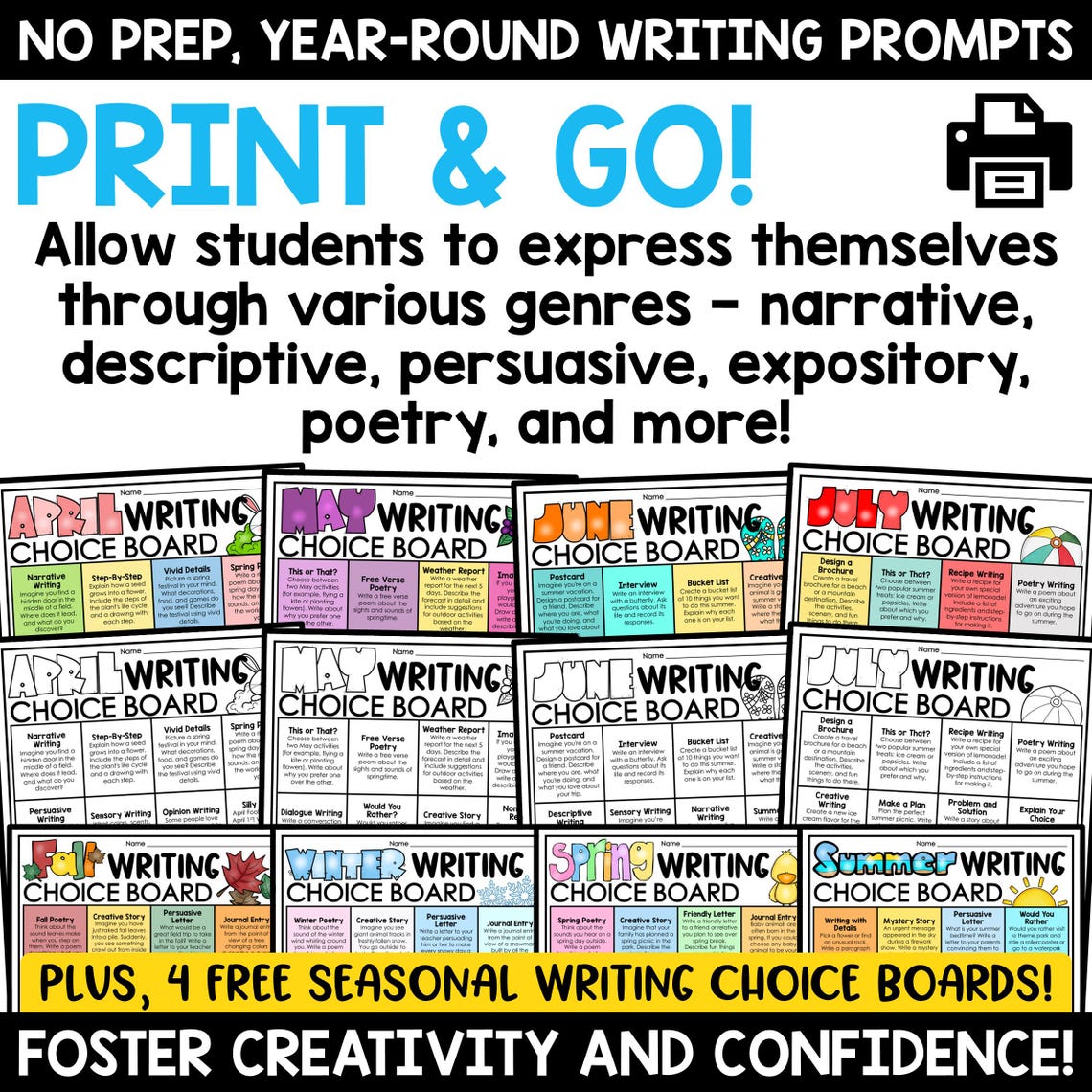 Monthly Writing Prompts for Kids, Choice Boards Printables, Daily ...