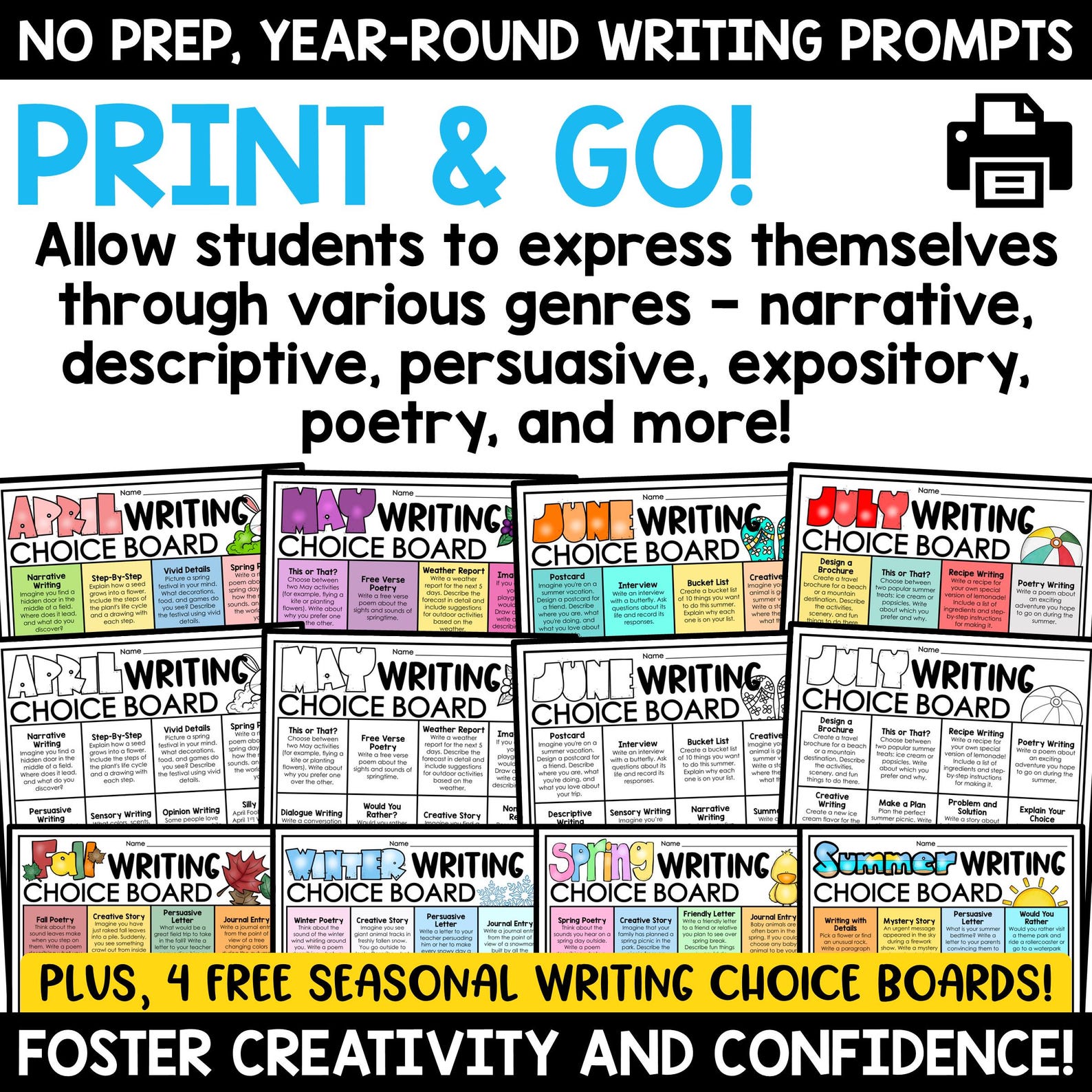 Monthly Writing Prompts for Kids, Choice Boards Printables, Daily ...