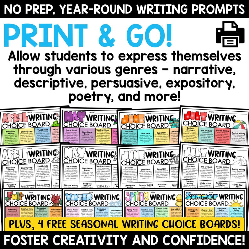 Monthly Writing Prompts for Kids, Choice Boards Printables, Daily ...