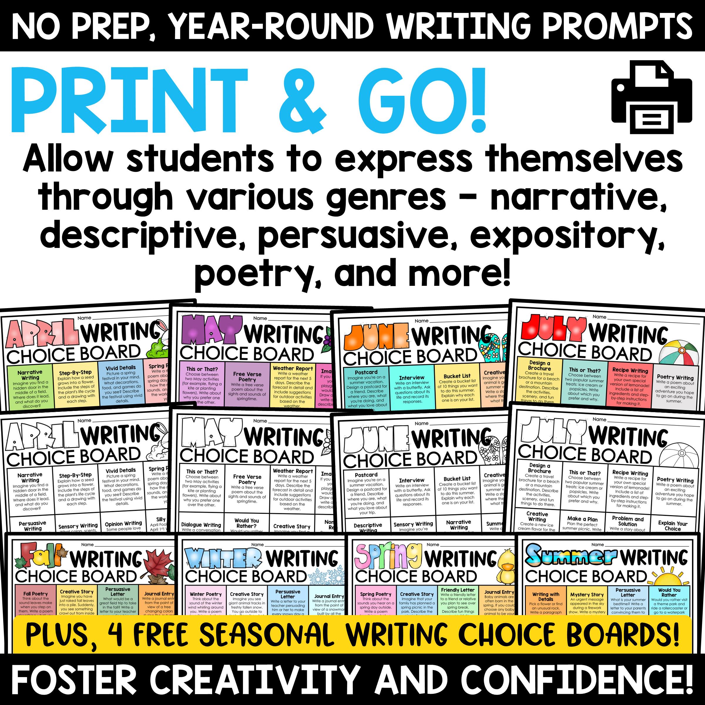 Monthly Writing Prompts for Kids, Choice Boards Printables, Daily ...