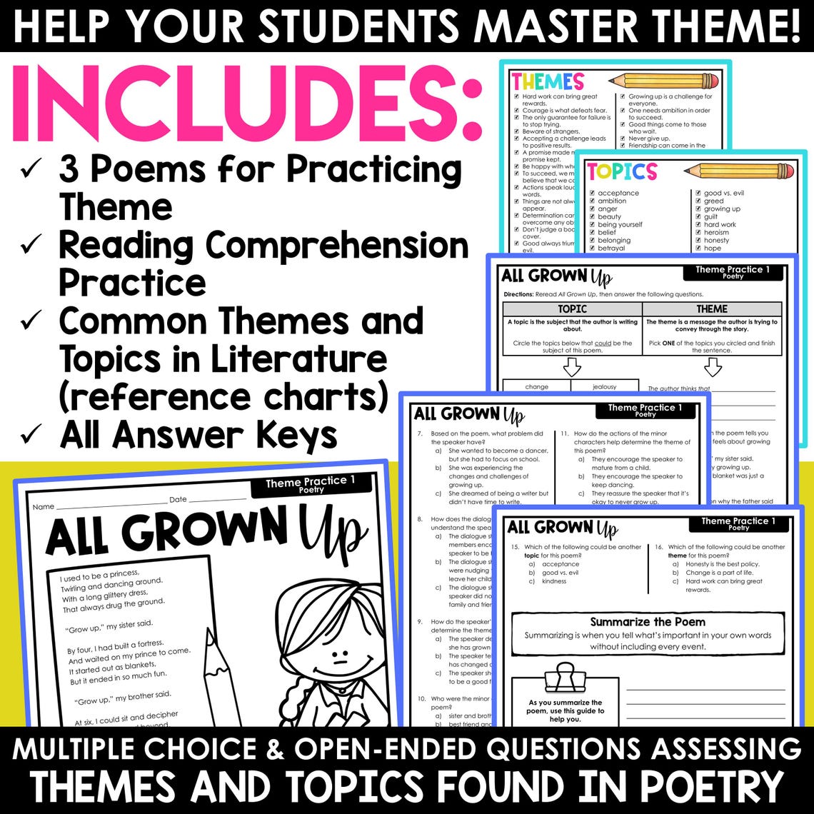 Teaching Theme Worksheets, Poetry for Kids, Finding Theme Graphic ...
