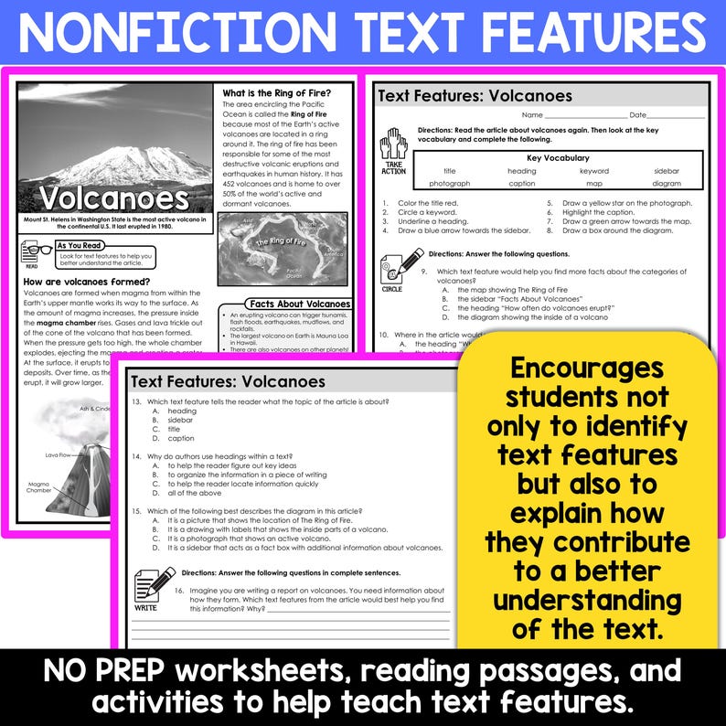 Nonfiction Text Features Worksheets, Informational Text, Reading ...