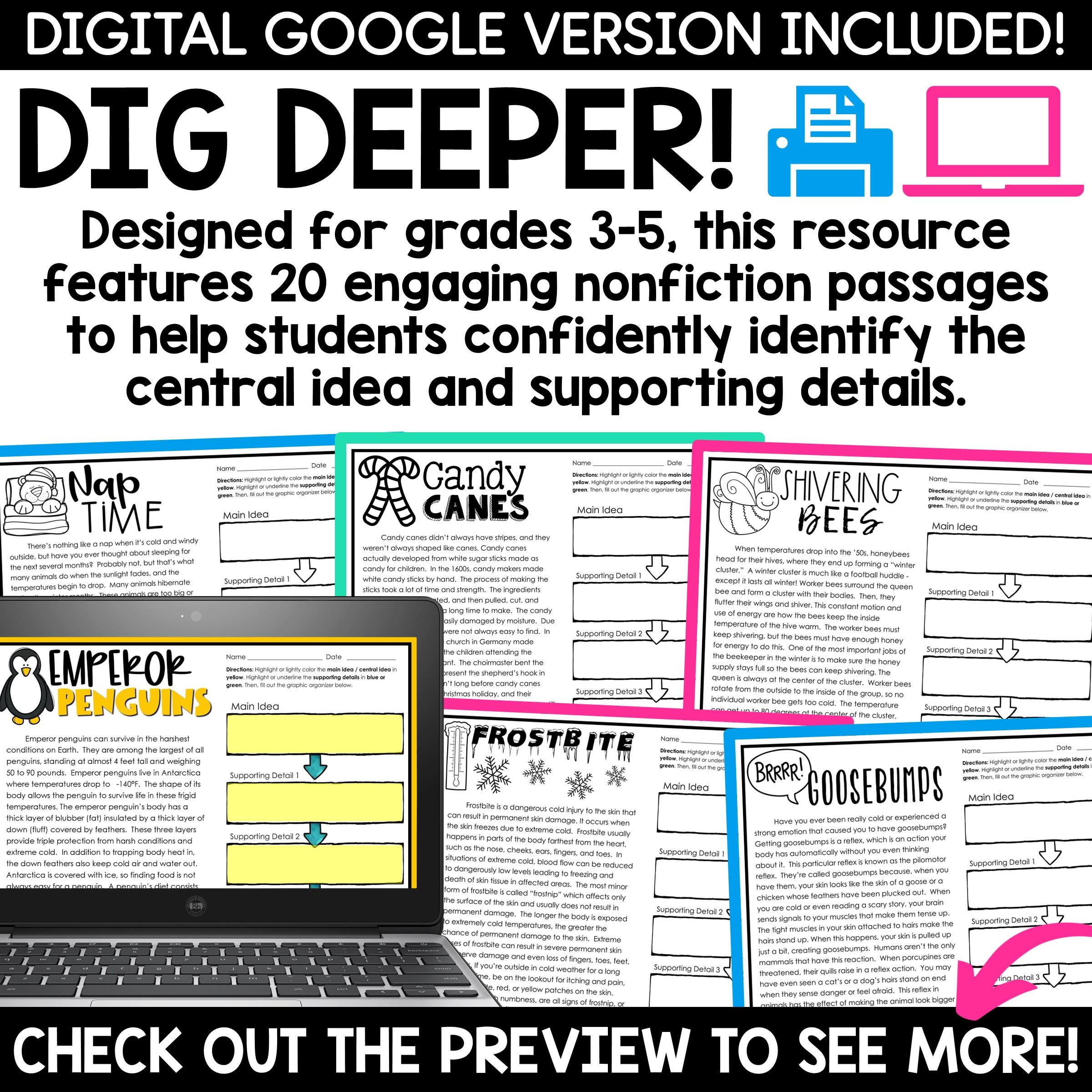 Winter Main Idea Worksheets for 3rd 4th 5th Grade | Teacher Classroom ...