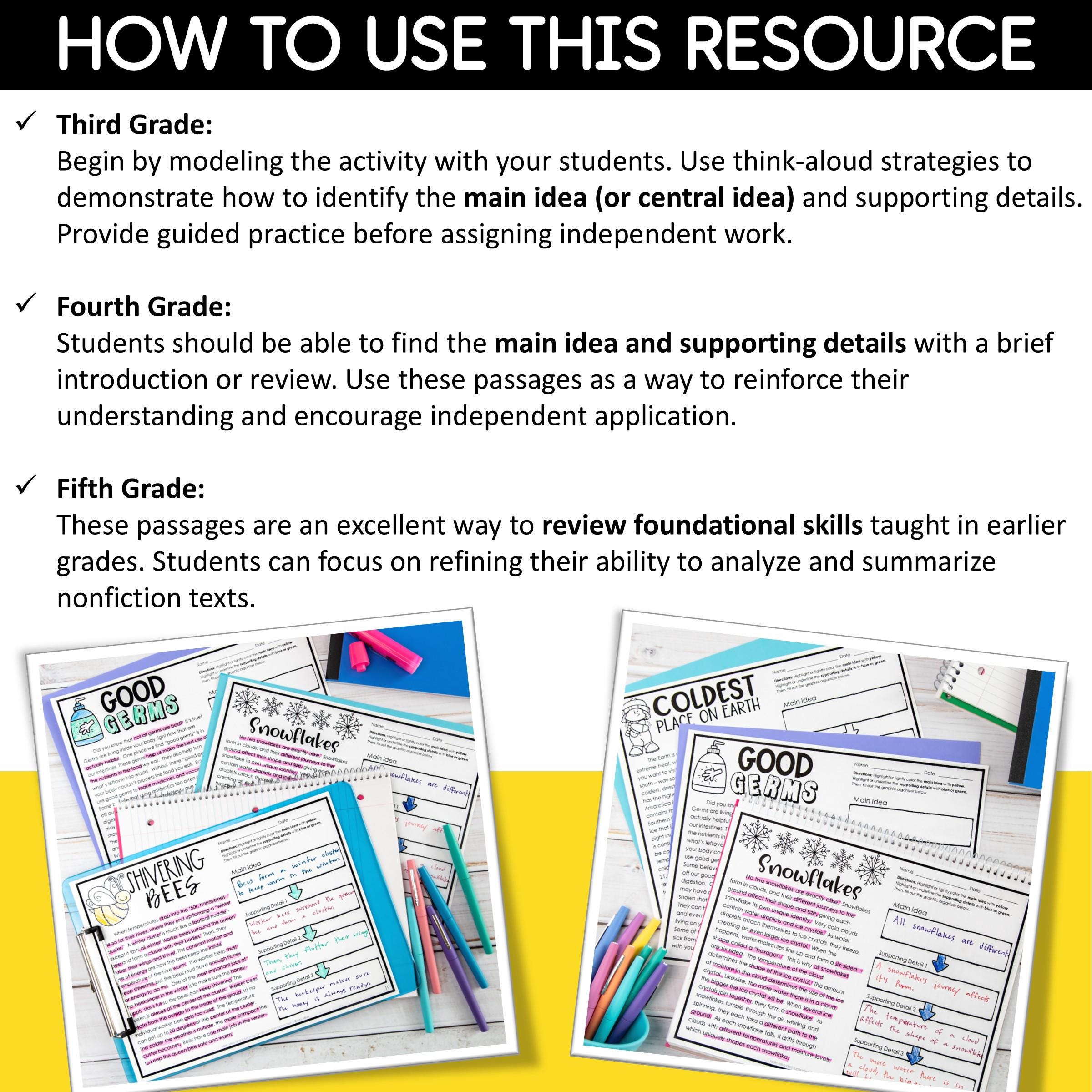 Winter Main Idea Worksheets for 3rd 4th 5th Grade | Teacher Classroom ...