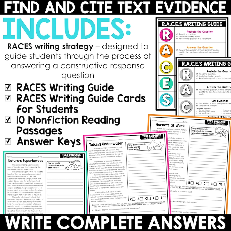 RACES Writing Strategy Anchor Chart Text Evidence Worksheets Reading ...
