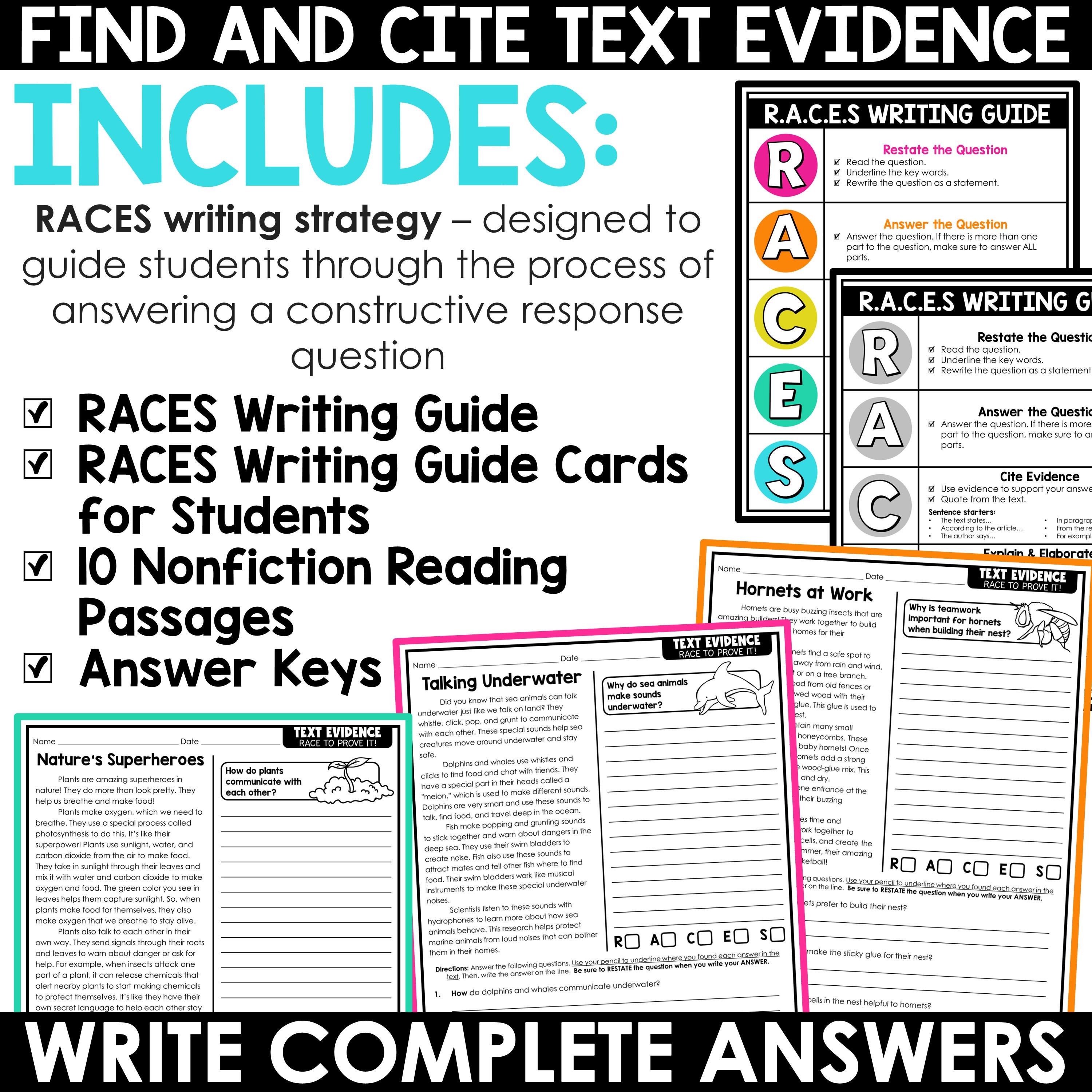 RACES Writing Strategy Anchor Chart Text Evidence Worksheets Reading ...