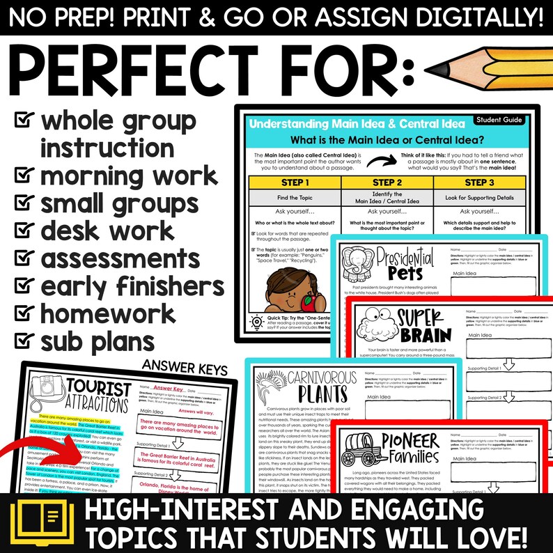 Main Idea and Supporting Details Worksheets 3rd, 4th, 5th Grade ...