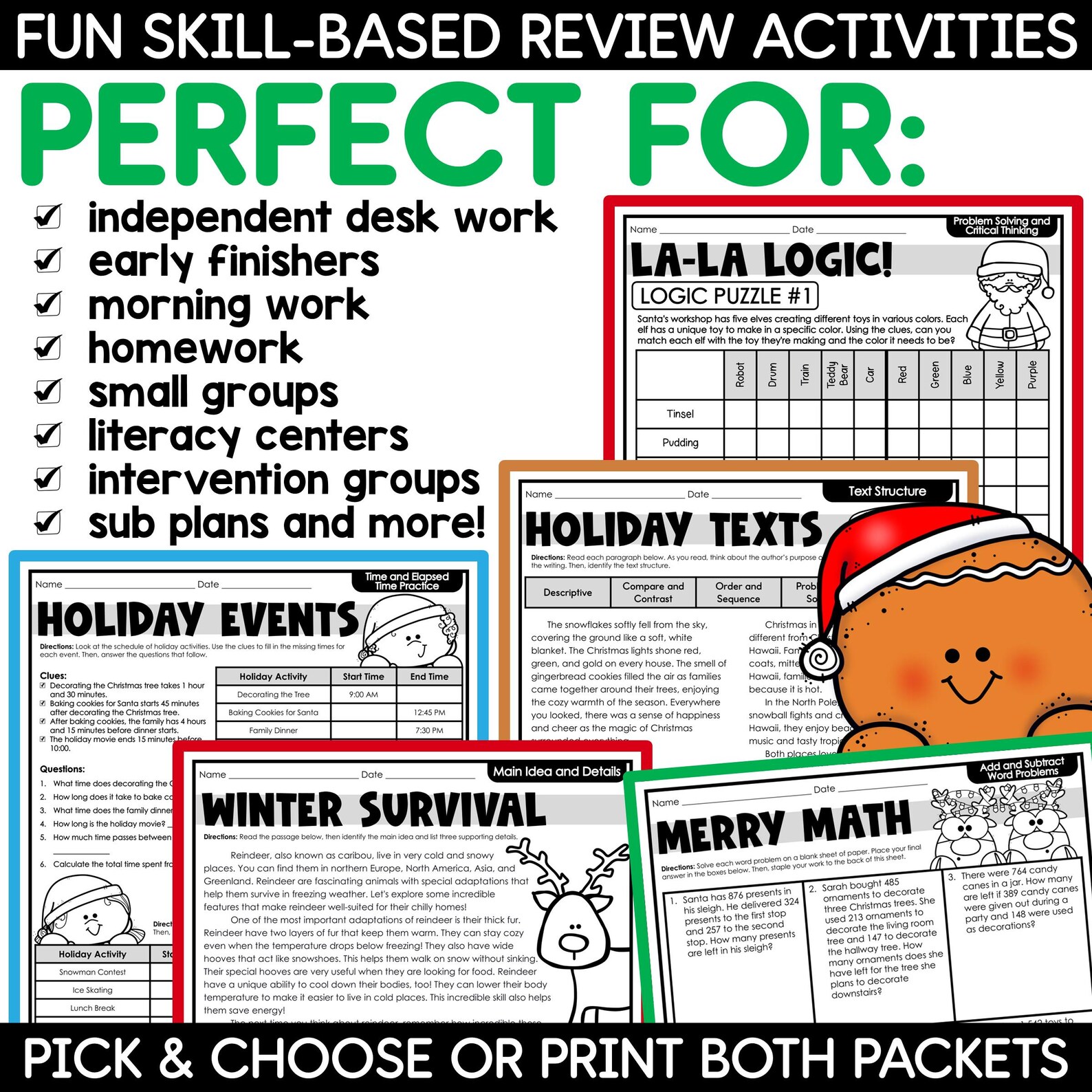 Christmas Worksheets Printable Packet | Math Reading Writing for 4th ...