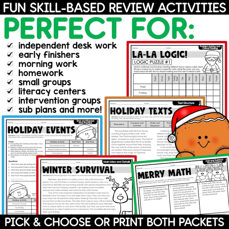 Christmas Fun Activities Packet Math Reading Writing No Prep Worksheets ...
