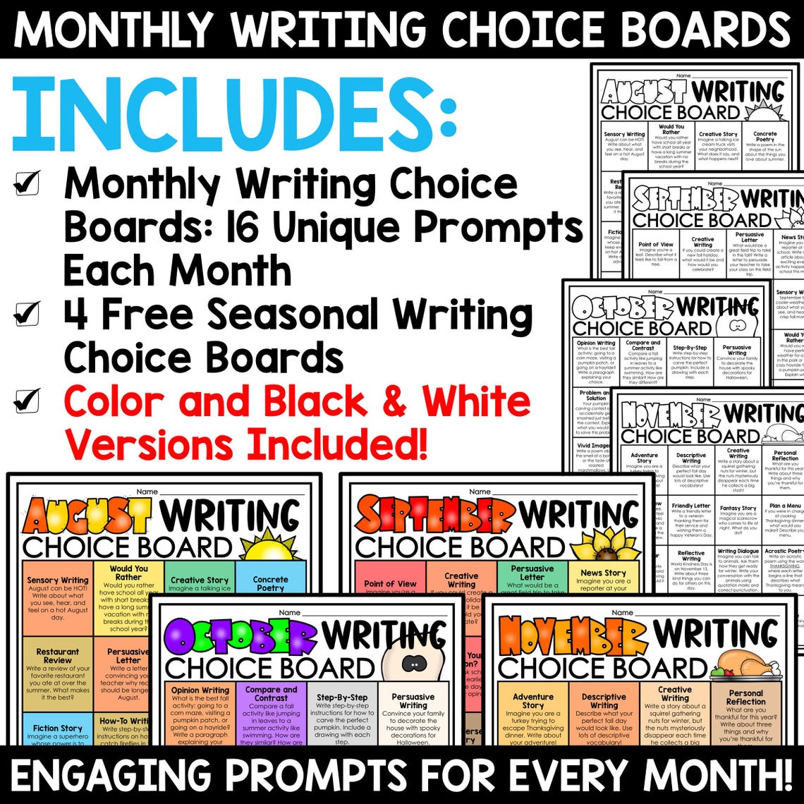 Monthly Writing Prompts for Kids, Choice Boards Printables, Daily ...