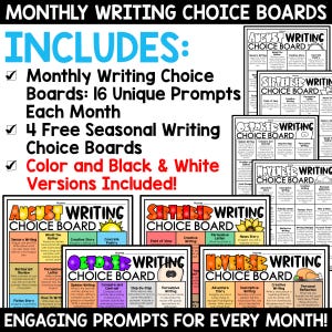 Monthly Writing Prompts for Kids, Choice Boards Printables, Daily ...
