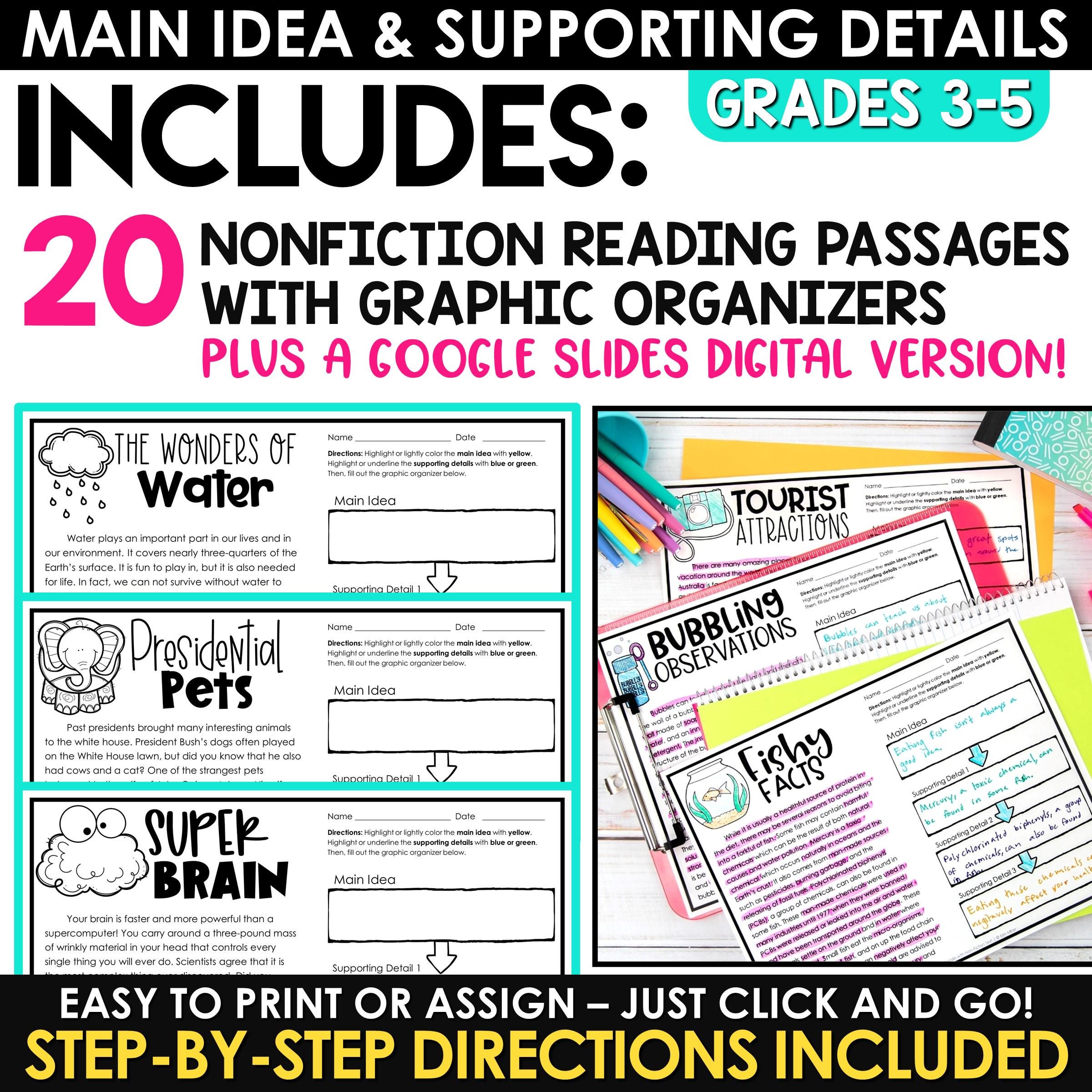 Main Idea and Supporting Details Worksheets 3rd, 4th, 5th Grade Teacher ...