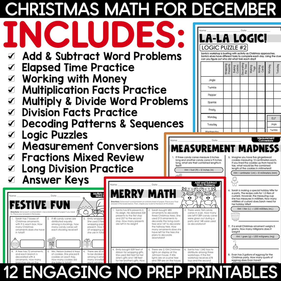Christmas Math Activities Worksheets Printables, No Prep Activities ...