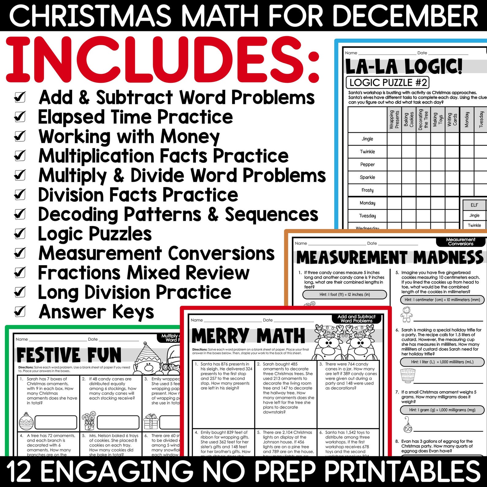 Christmas Math Worksheets for 4th & 5th Grade | No Prep Printable Math ...