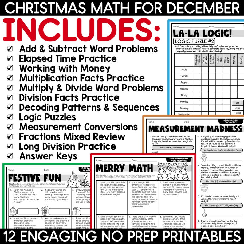 Christmas Math Activities Worksheets Printables, No Prep Activities ...