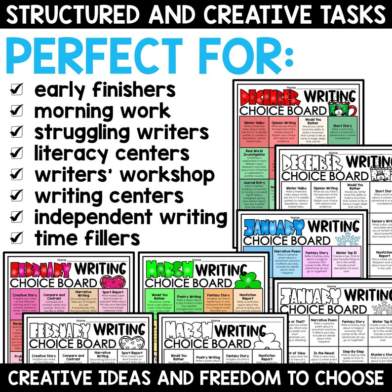 Monthly Writing Prompts for Kids, Choice Boards Printables, Daily ...