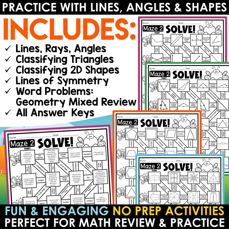 Geometry Math Mazes Worksheets | 2D Shapes, Lines, Angles & Symmetry ...