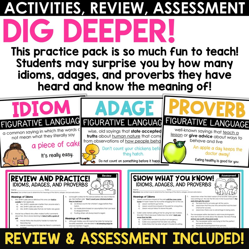 Figurative Language Worksheets & Posters Idioms Adages Proverbs Anchor ...
