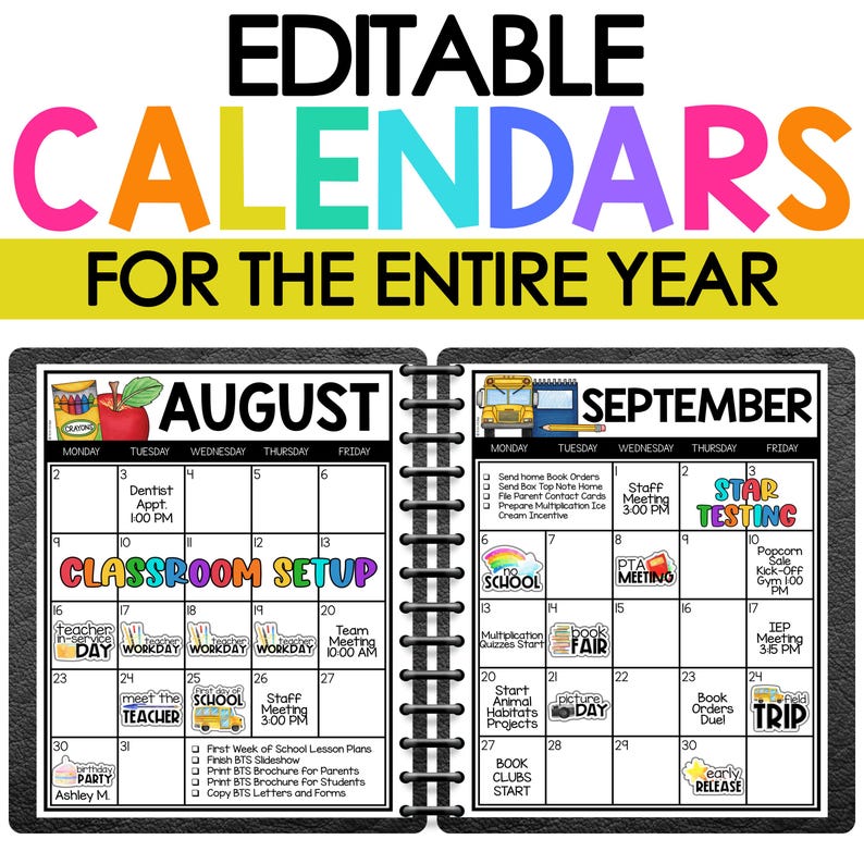 Teacher Calendar 2025-2026 | EDITABLE Monthly Calendar Templates ...