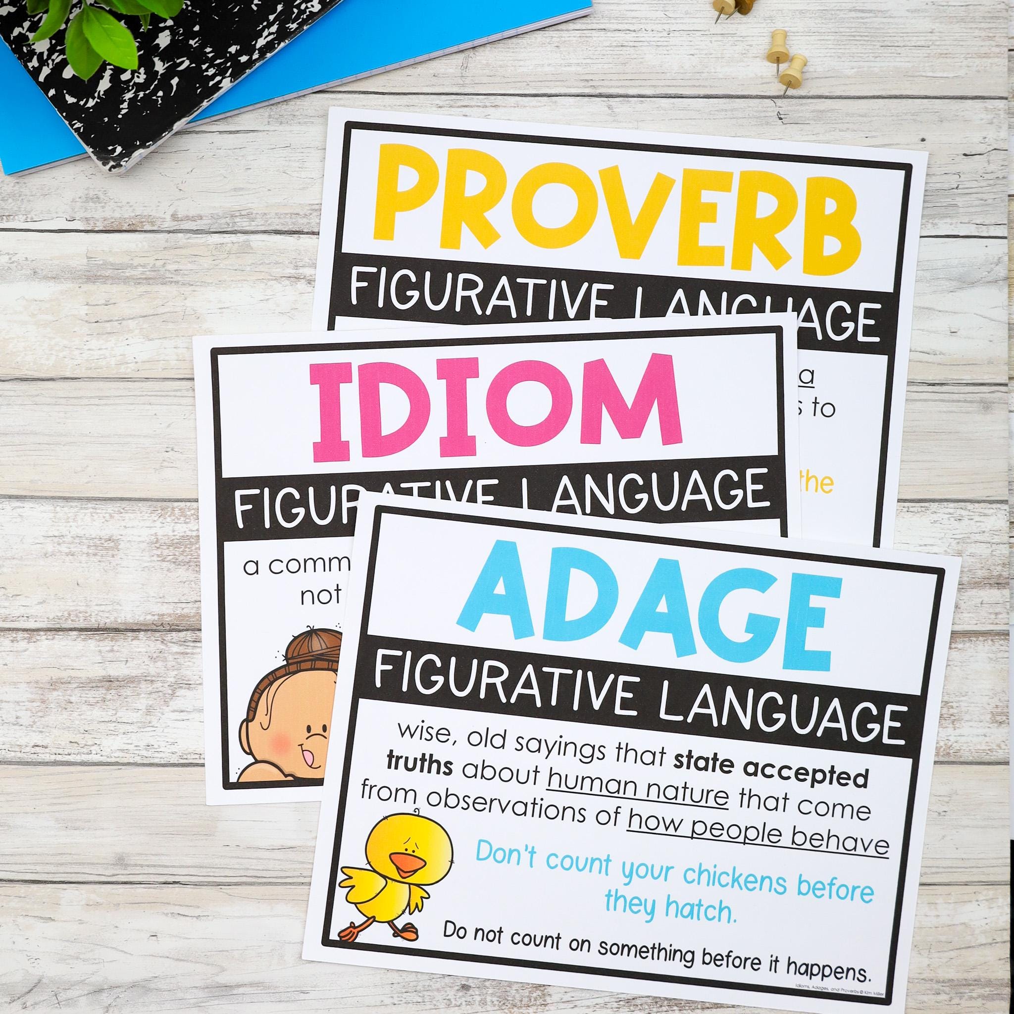 Figurative Language Worksheets & Posters Idioms Adages Proverbs Anchor ...