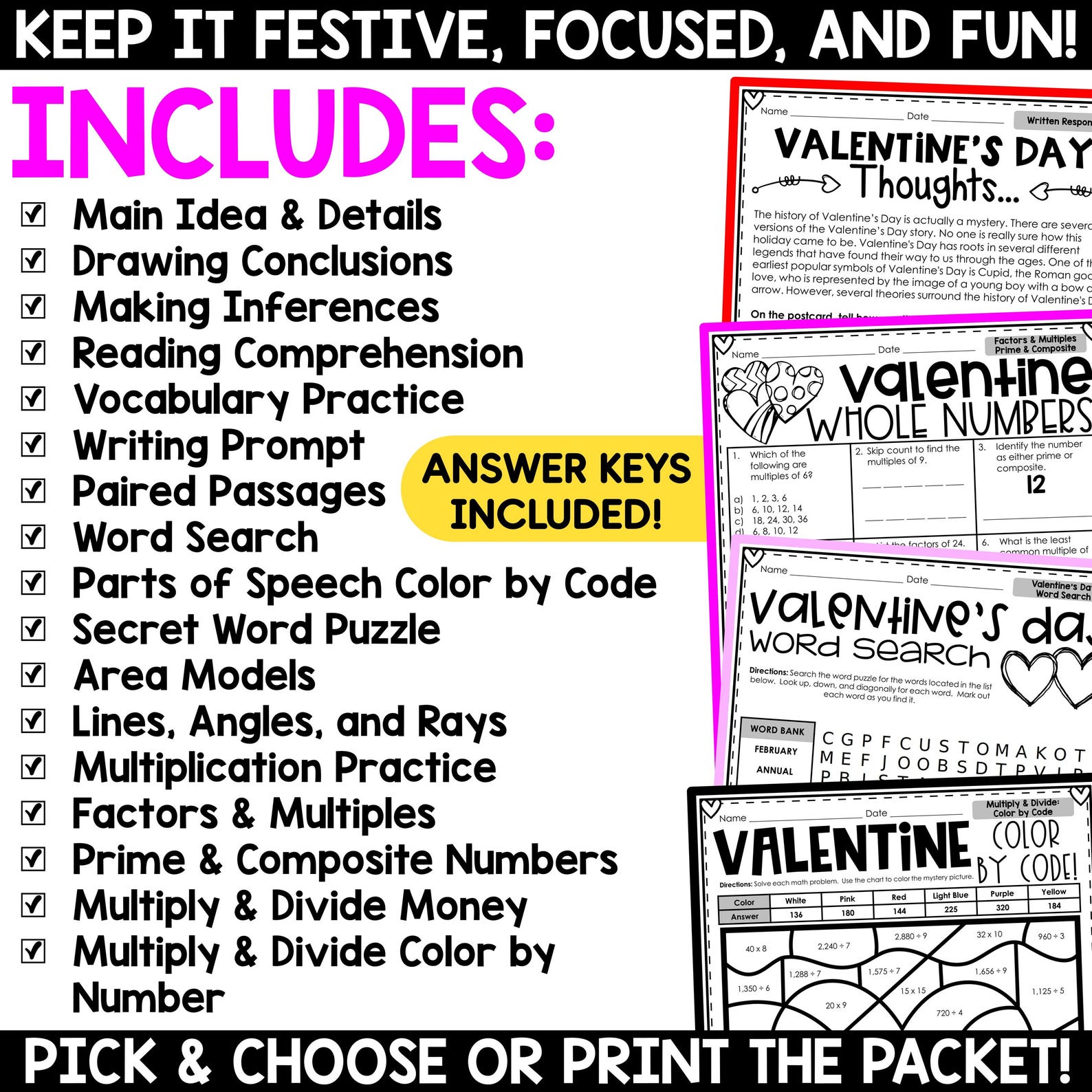 Valentine's Day Math & Reading Activities, 4th 5th Grade (instant ...