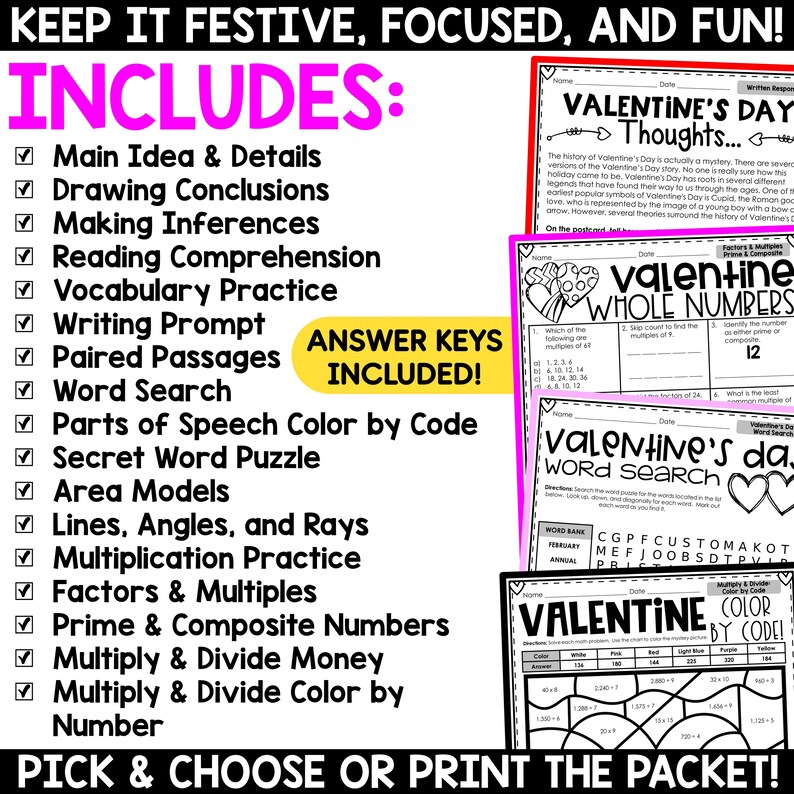 Valentine's Day Math & Reading Activities, 4th 5th Grade (instant ...