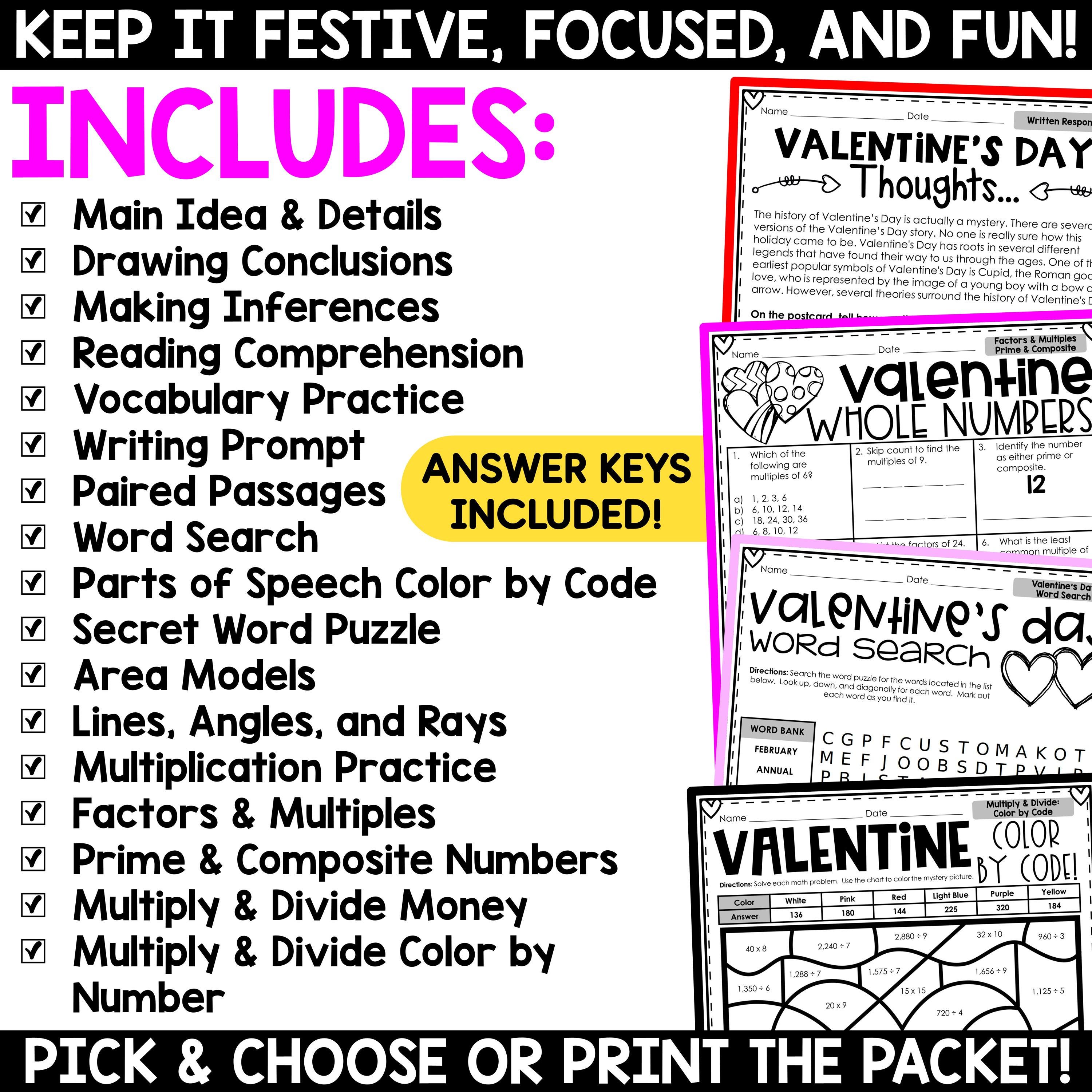 Valentine's Day Math & Reading Activities, 4th 5th Grade (instant ...