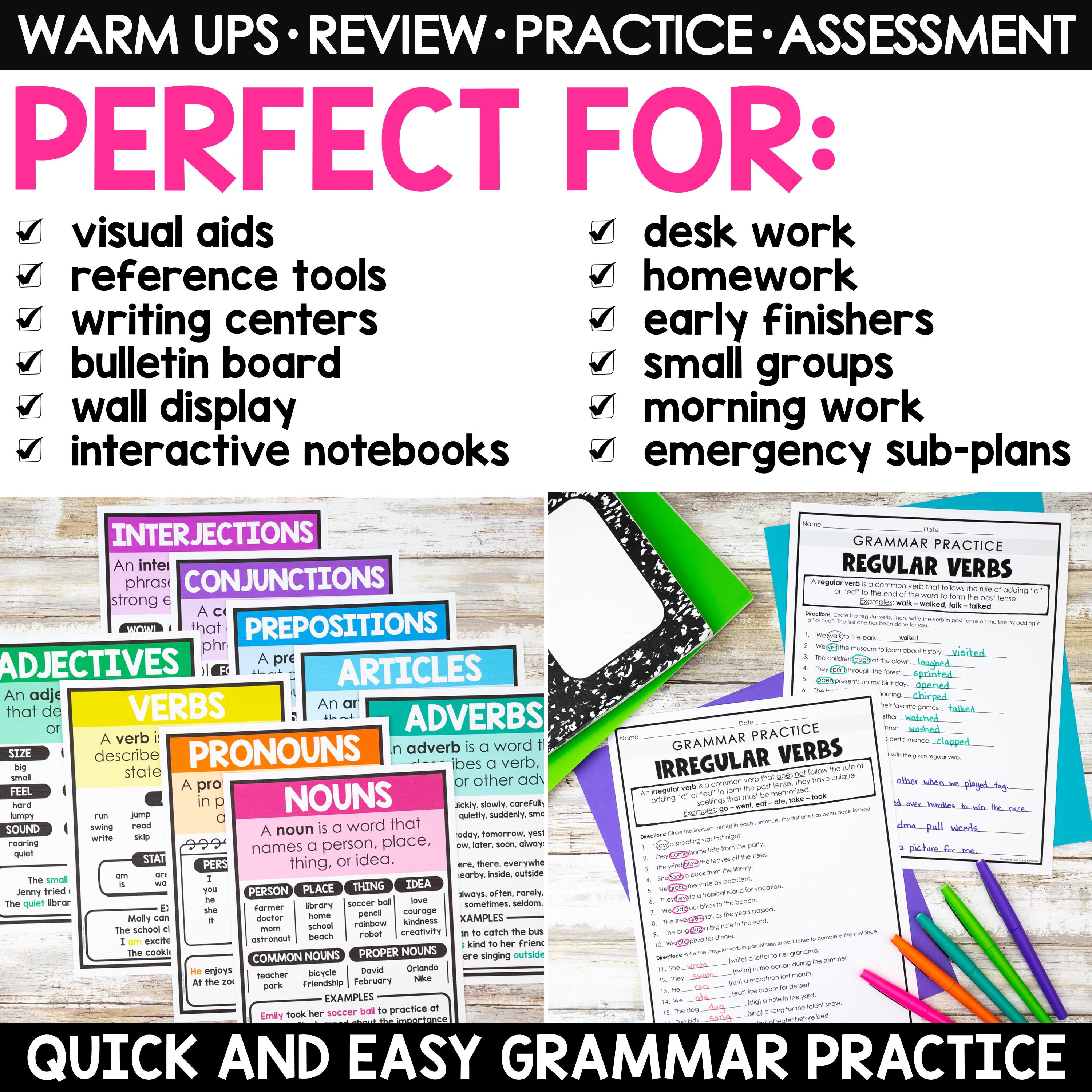 Parts of Speech Posters for Classroom Elementary, Grammar Worksheets ...
