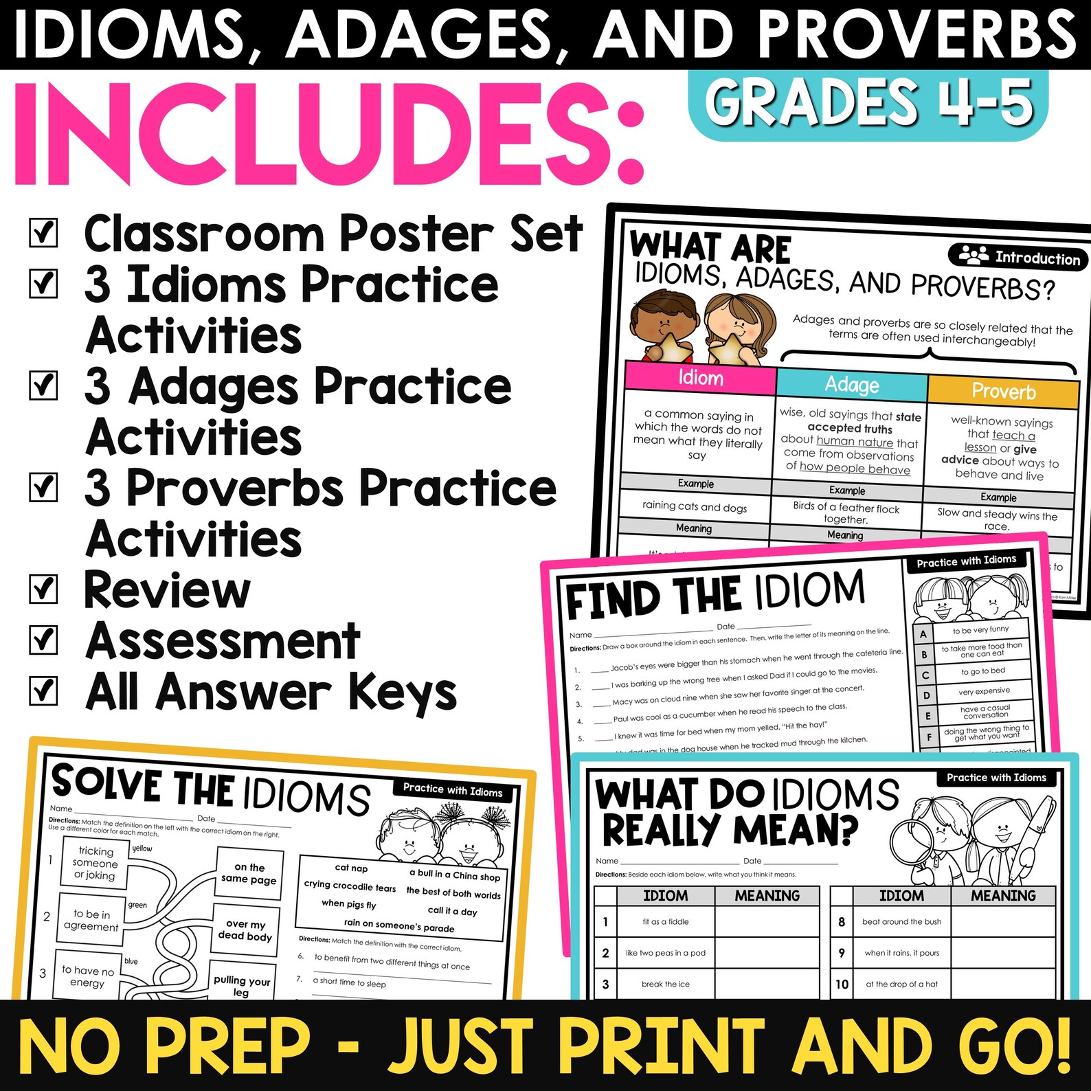 Figurative Language Worksheets & Posters Idioms Adages Proverbs Anchor ...