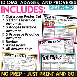 Figurative Language Worksheets & Posters Idioms Adages Proverbs Anchor ...
