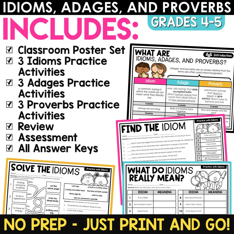 Figurative Language Worksheets & Posters Idioms Adages Proverbs Anchor ...